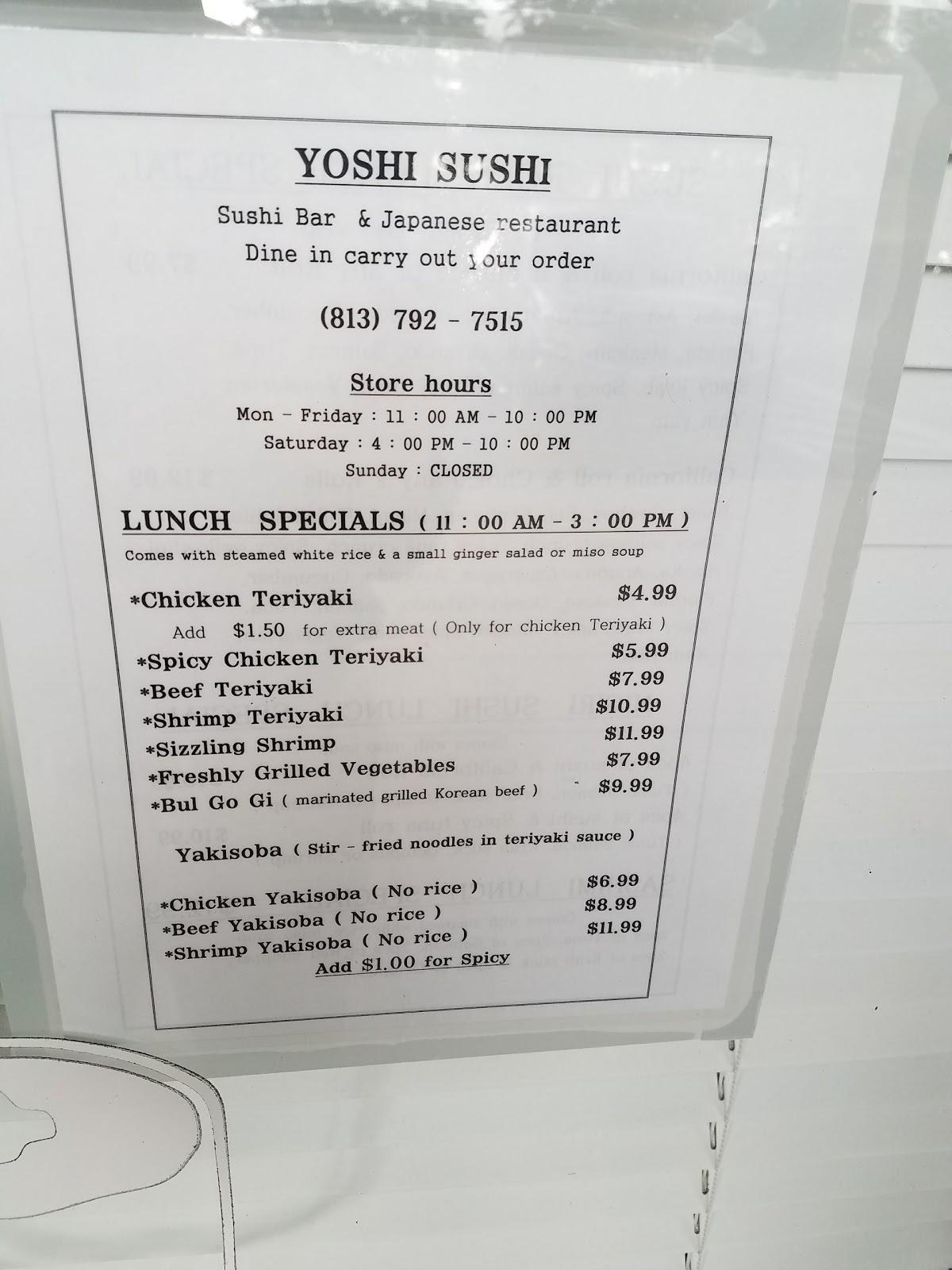 Menu at Yoshi Sushi restaurant, Tampa