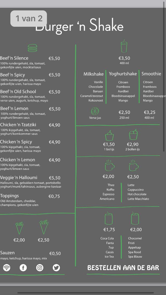 Menu at Burger 'n Shake, Amsterdam, Land van Cocagneplein 1D