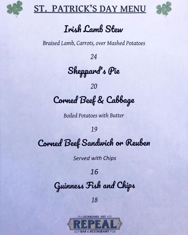 Menu at Repeal Bar & Restaurant, Garden City