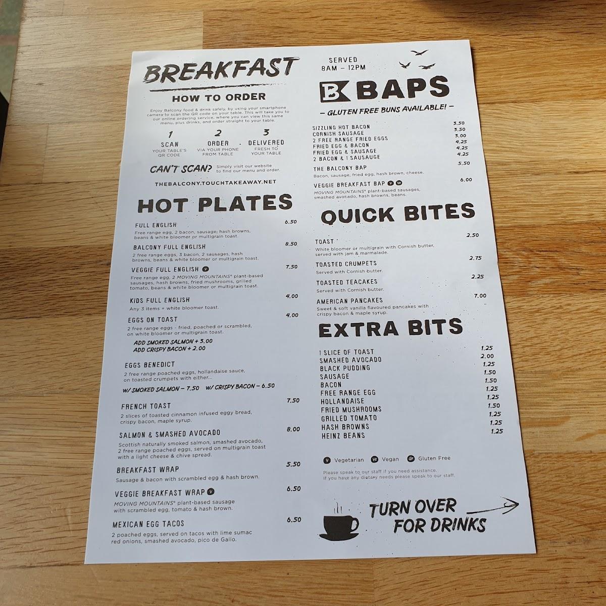 Menu at The Balcony Bar & Kitchen, Saint Ives, The Wharf