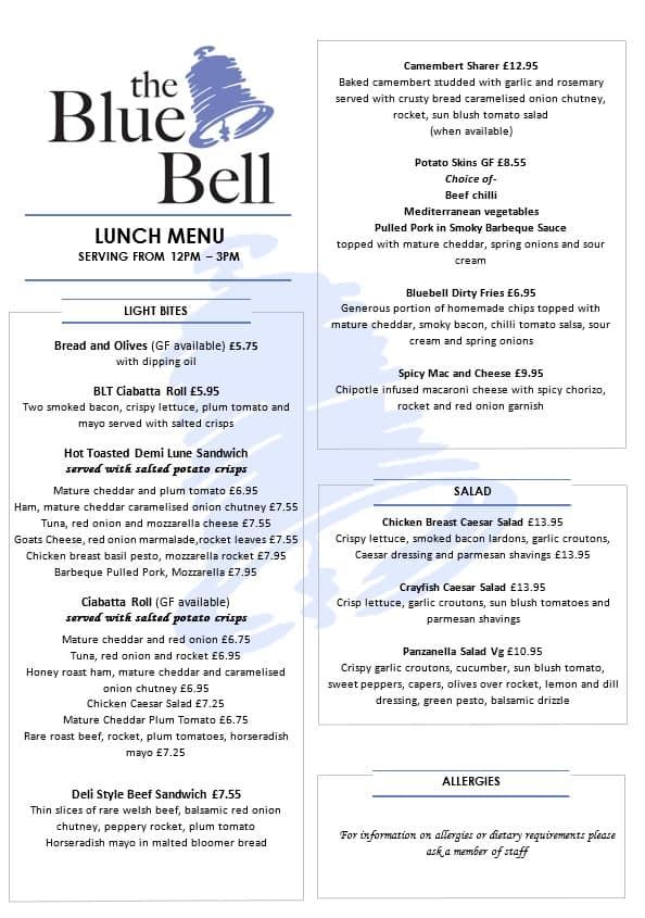 Menu at The Blue Bell Bistro pub & bar, New Quay
