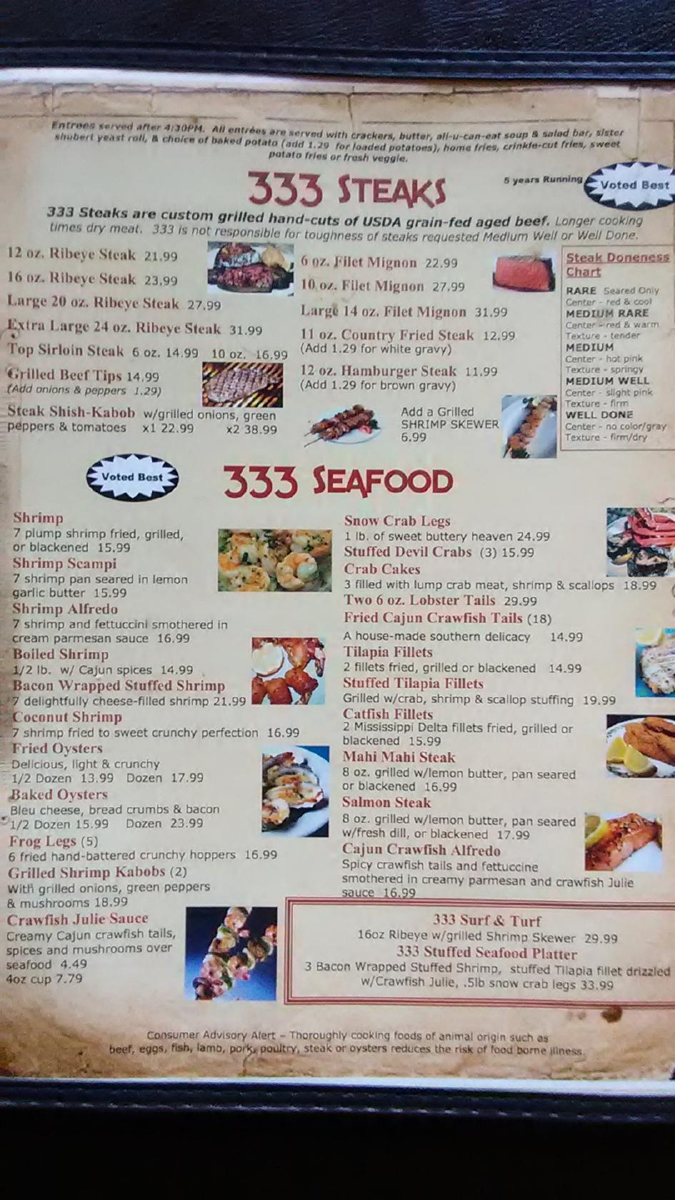 Menu at 333 Restaurant, Grenada, 515 Scenic Loop Rd
