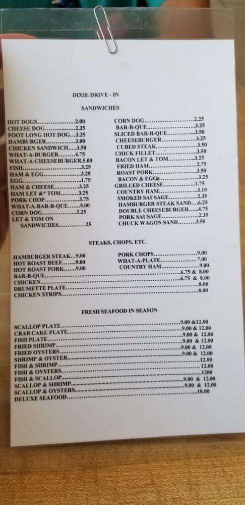 Menu at Dixie Drive-in restaurant, Lumberton, E 5th St