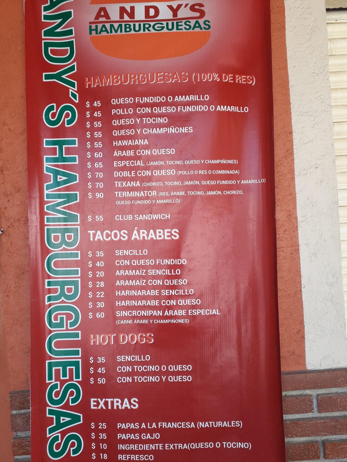 Menu at Hamburguesas Andy's restaurant, Mexico
