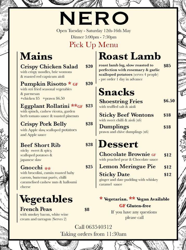 Menu at Nero Restaurant, Palmerston North