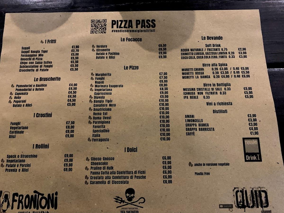 Menu at Antica Pizzeria Frontoni, Rome, Via Assisi