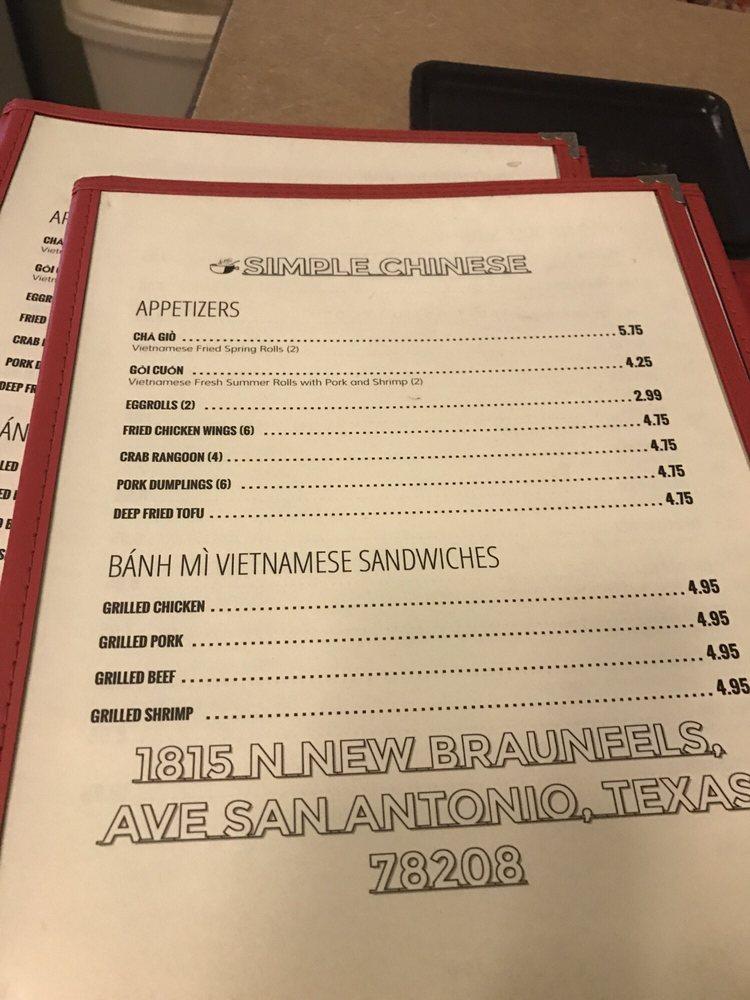 Menu at Simple Chinese restaurant, San Antonio