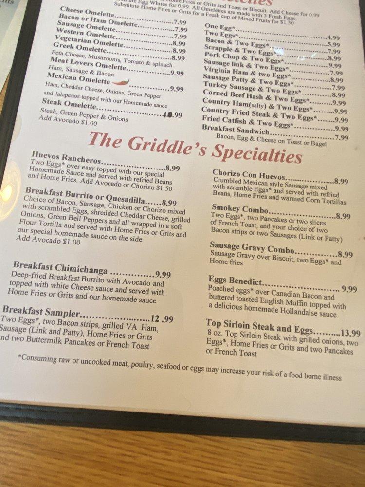 Menu at The Smokey Griddle Pancake House restaurant, Williamsburg