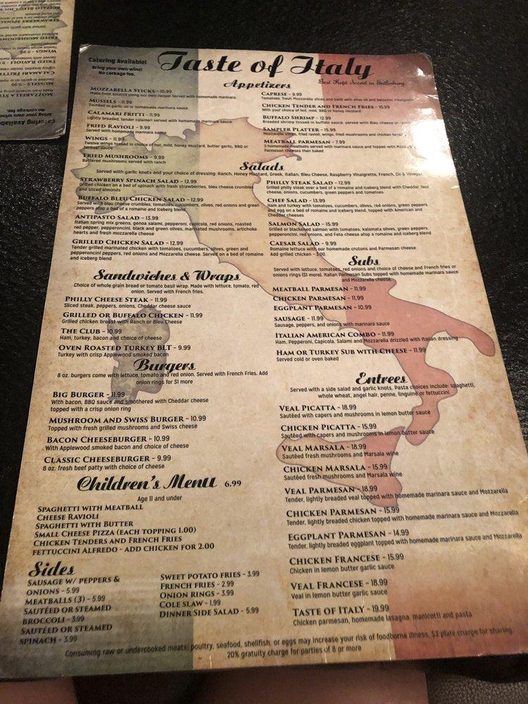 Menu at Taste of Italy restaurant, Gatlinburg