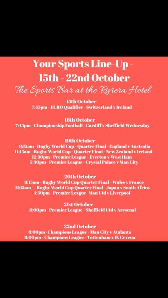 Menu at The Sports Bar at The Riviera Hotel, Torquay