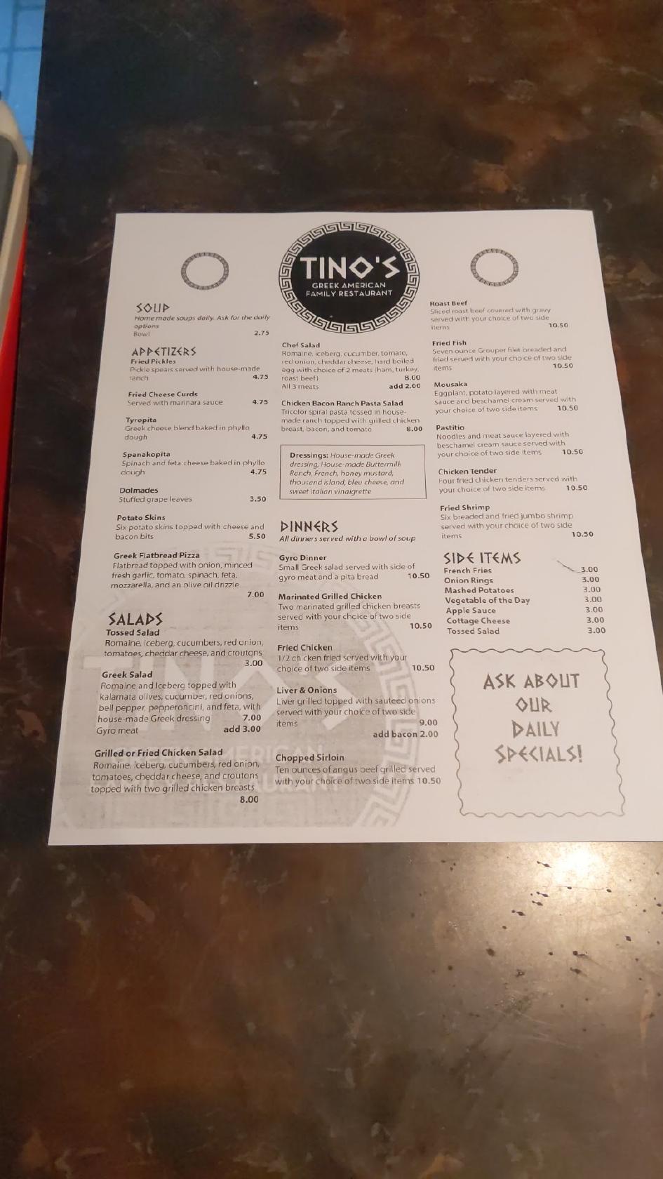 Menu at Tino's Greek-American Family Restaurant, Cincinnati