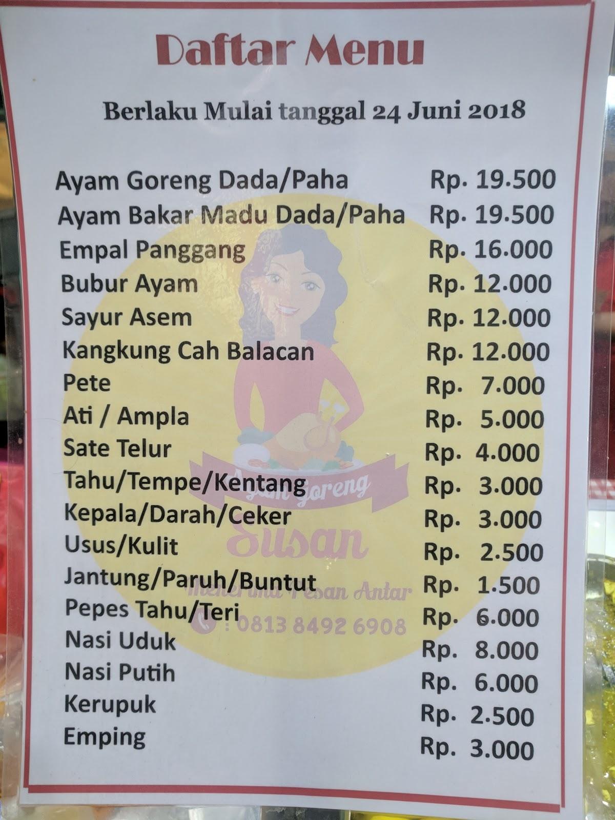 Menu at Ayam Goreng Susan restaurant, West Jakarta, 10