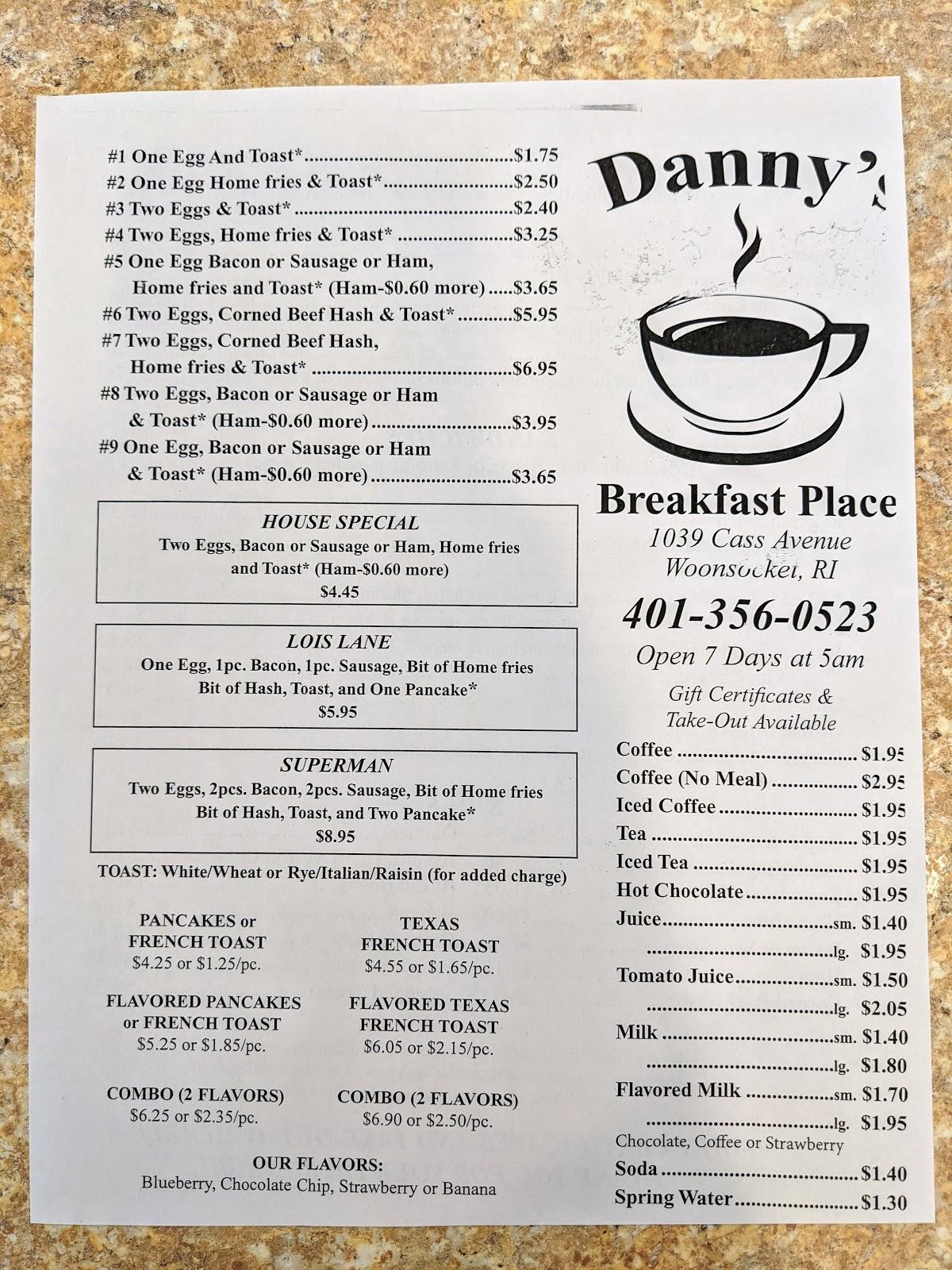 Menu at Danny's Breakfast Place restaurant, Woonsocket