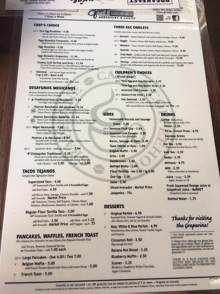 Menu at Grapevine Cafe, South Padre Island