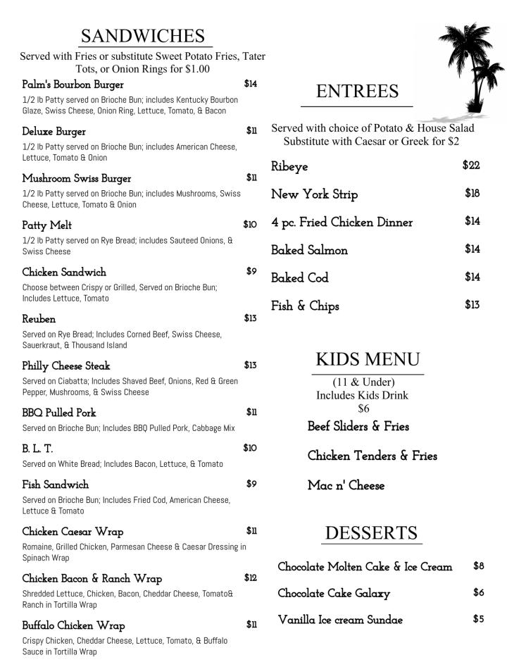 Menu at Palms Cafe, Romulus