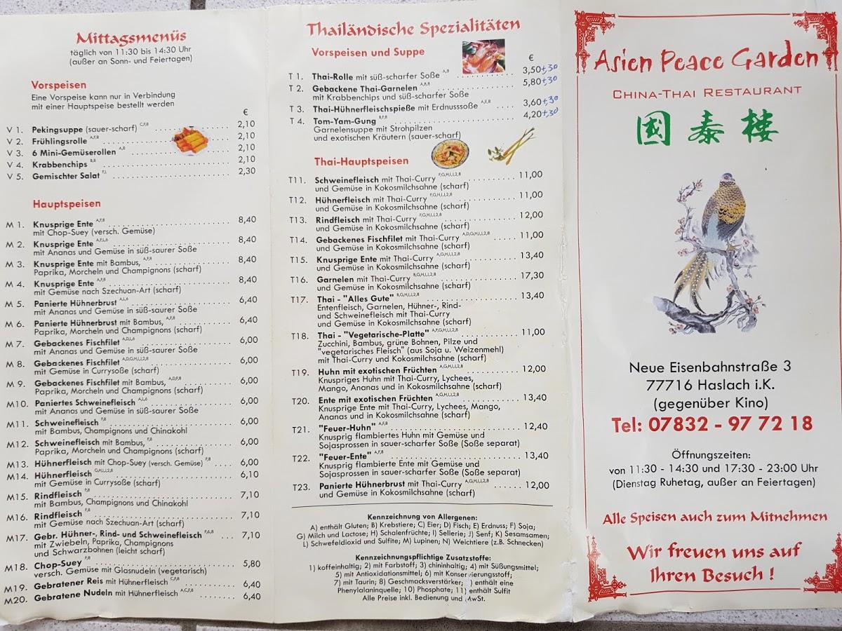 Speisekarte von Peace Garden - China-Thai restaurant, Haslach im Kinzigtal