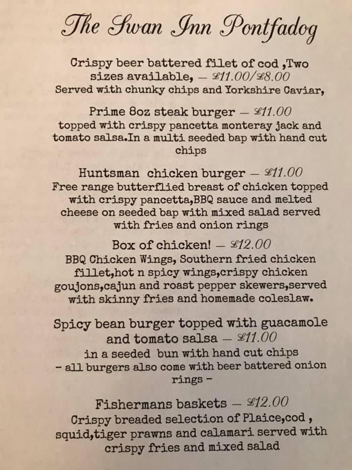 Menu at The Swan Inn pub & bar, Pontfadog