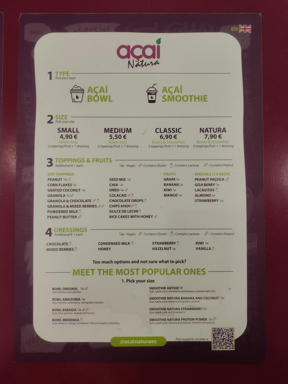 Menu at Restaurante Açai Garden, Fuengirola