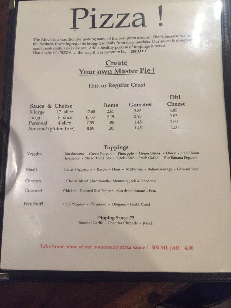 Menu at Attic Pizza pizzeria, Hamilton