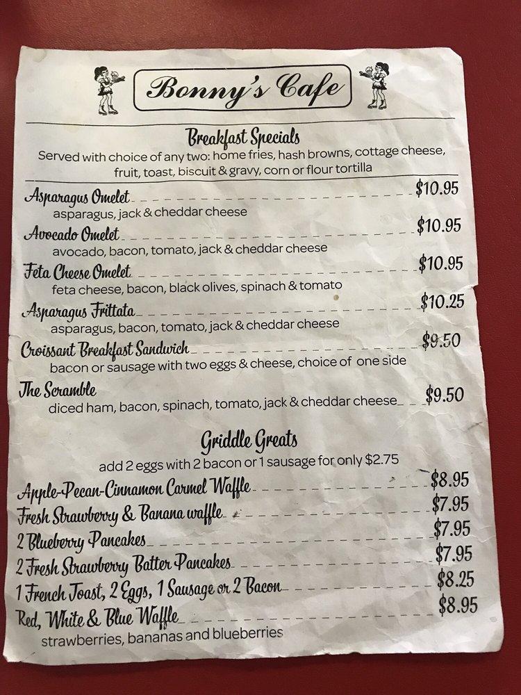 Menu at Bonny's Cafe, El Cajon