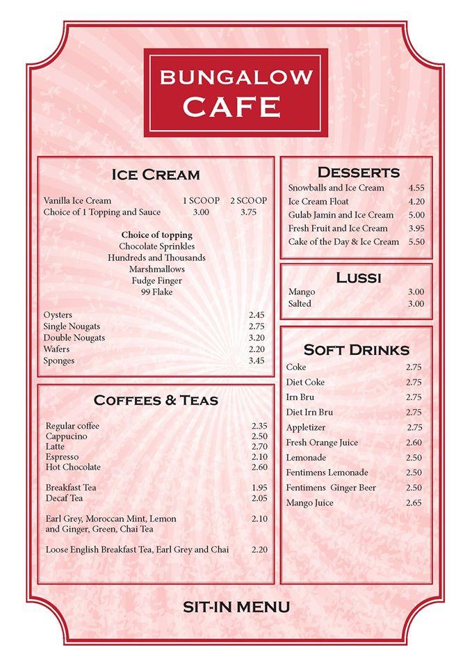 Menu at Bungalow Cafe, Glasgow, Sauchiehall street