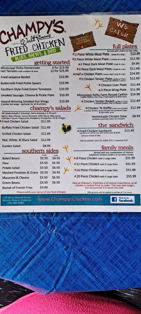 Menu at Champy's Famous Fried Chicken pub & bar, Muscle Shoals