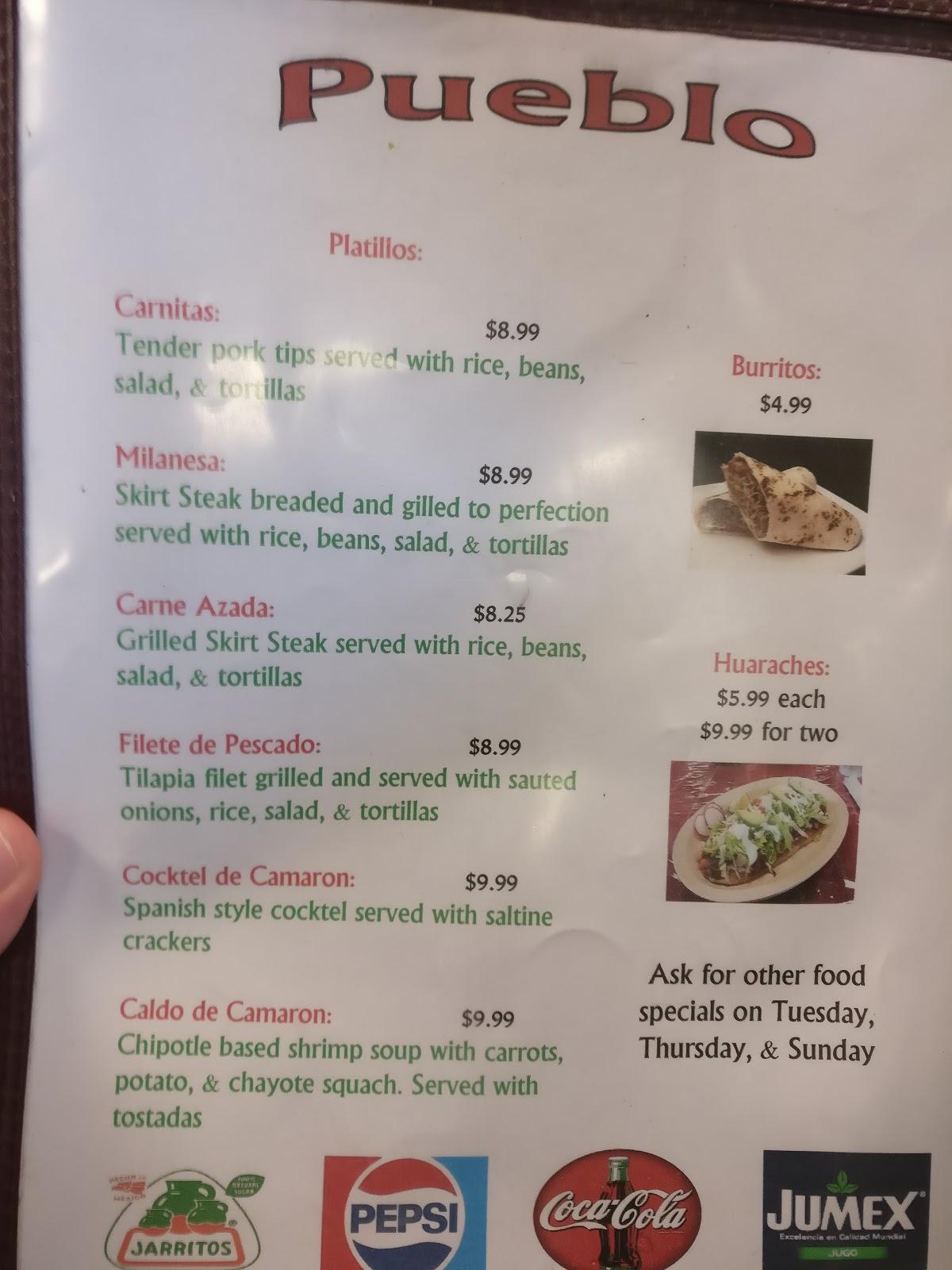 Menu at Mi Pueblo restaurant, Murray