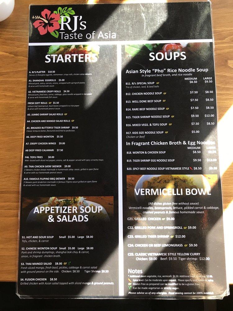 Menu at RJ's Taste of Asia restaurant, Orangeville
