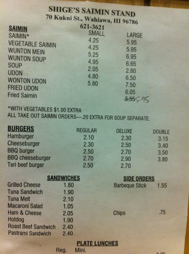 Menu at Shige's Saimin Stand restaurant, Wahiawa