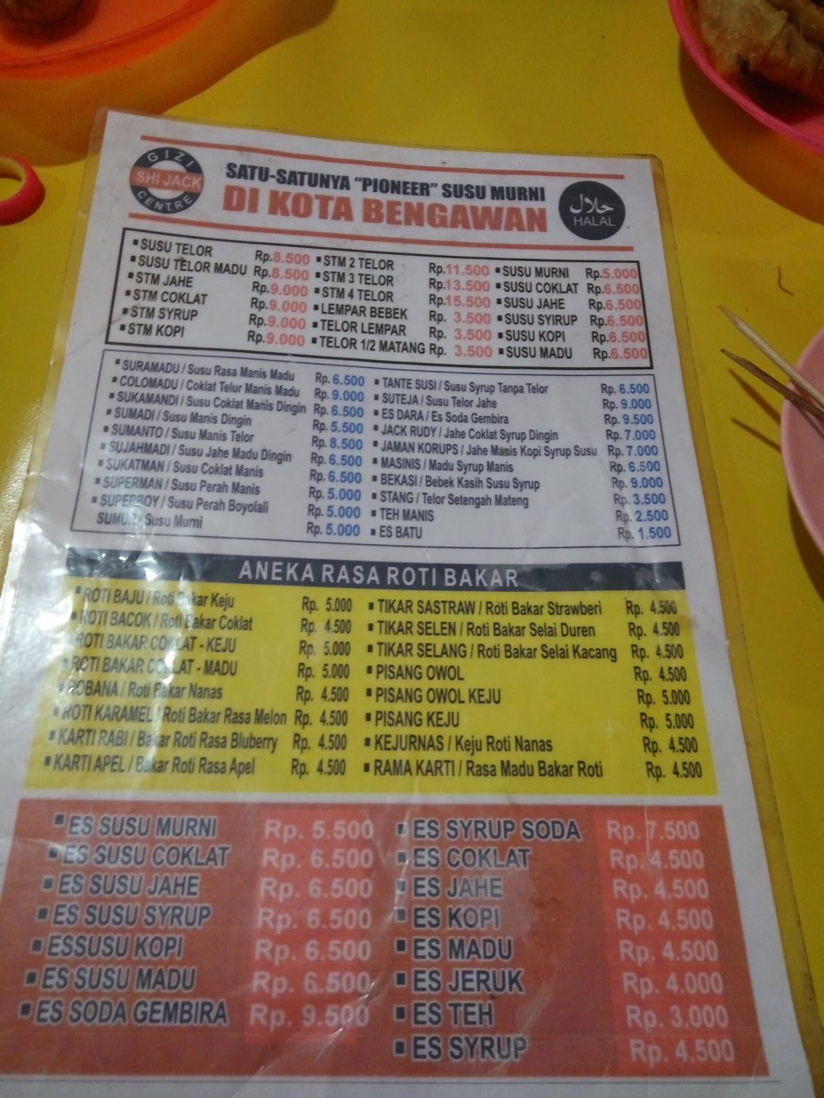 Menu at Susu Murni Shi Jack restaurant, Surakarta, Jl. Veteran No.180