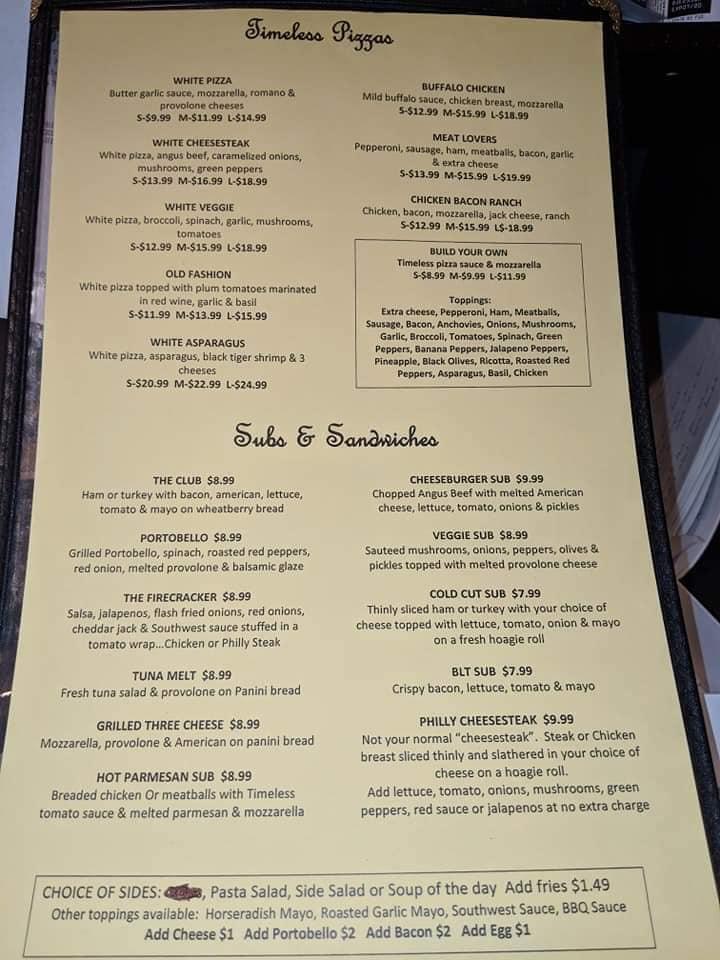 Menu at Timeless Destination pizzeria, Wellsboro