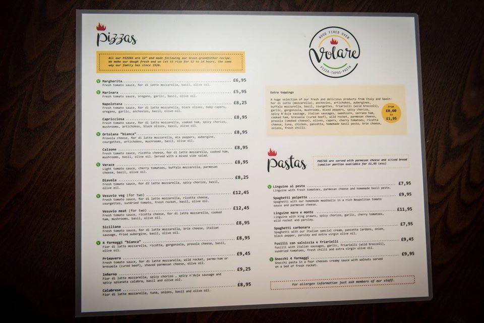 Menu at Volare restaurant, London, 167 Bowes Rd