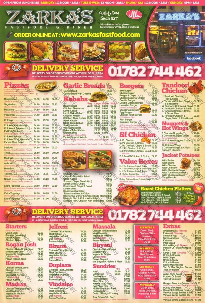 Menu at Zarkas fast food, Stoke-on-Trent