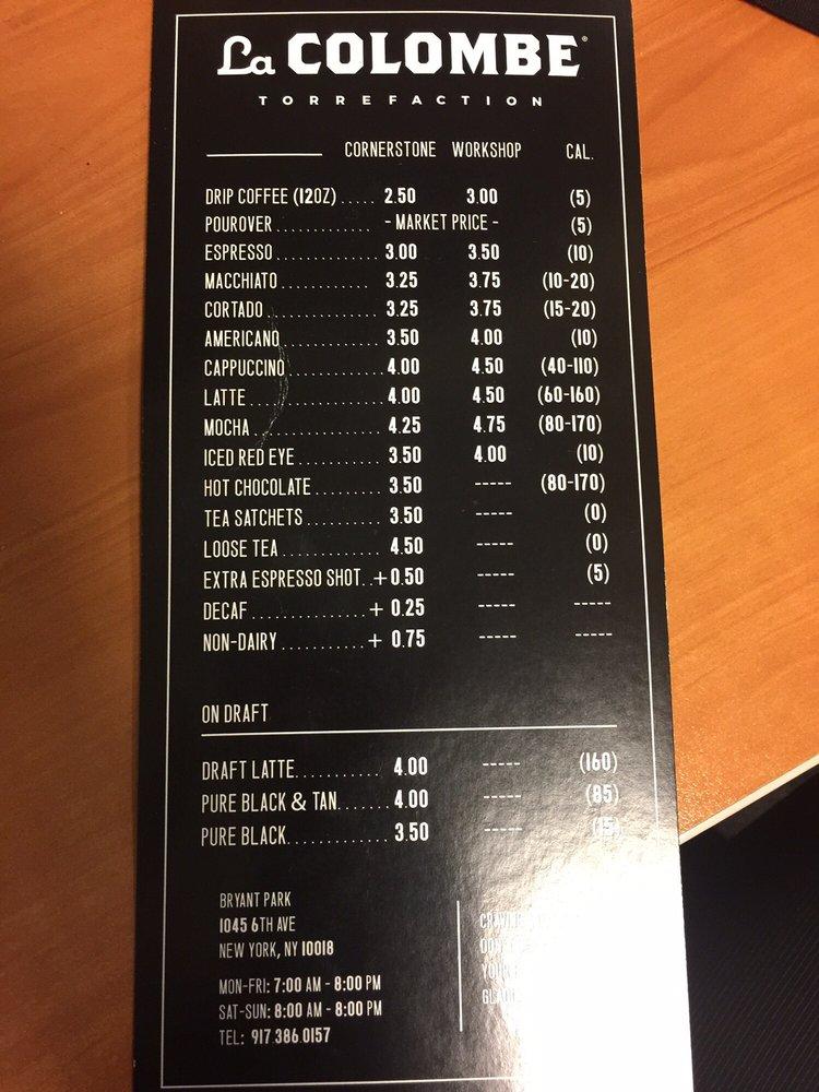 Carta del café La Colombe Coffee Roasters, Nueva York, 67 Wall St
