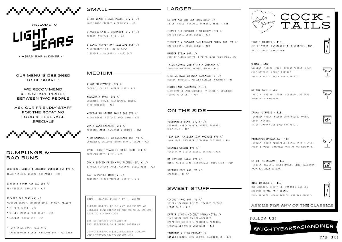 Menu at Light Years - Noosa restaurant, Noosa Heads