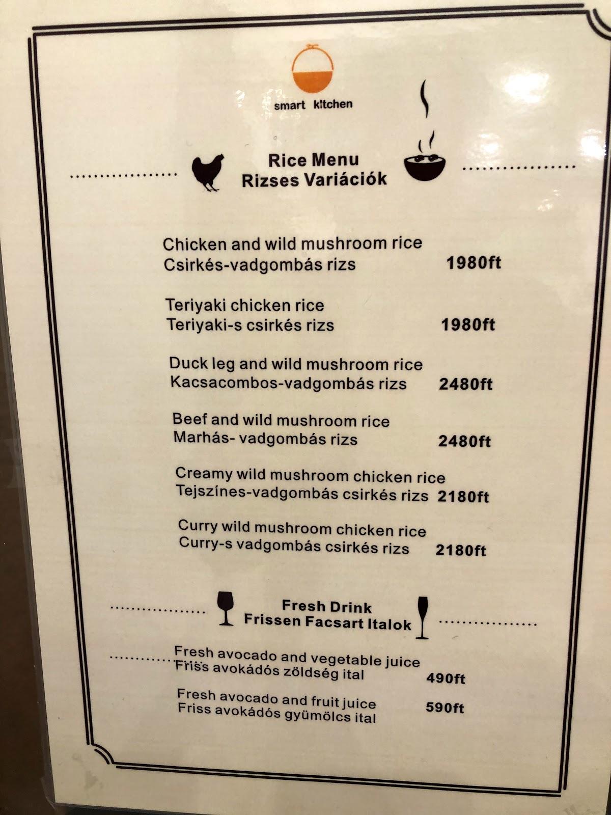 Menu at Smart Kitchen restaurant, Budapest, Nagymező u. 41