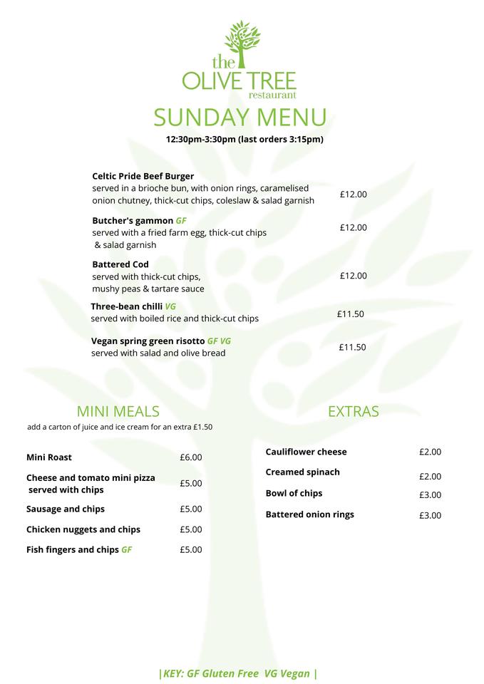 Menu at The Olive Tree restaurant, Pyle