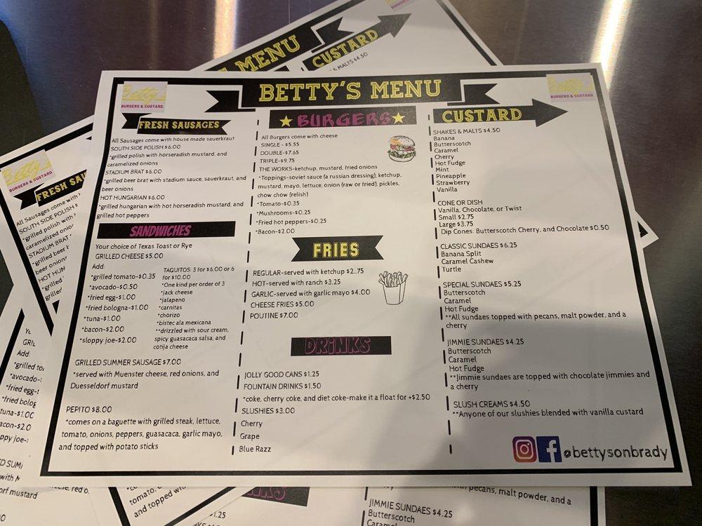 Menu at Betty's Burgers & Custard desserts, Milwaukee