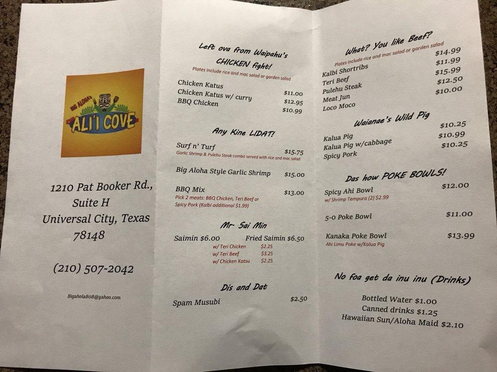 Menu at Big Aloha's Aliʻi Cove Restaurant, Universal City