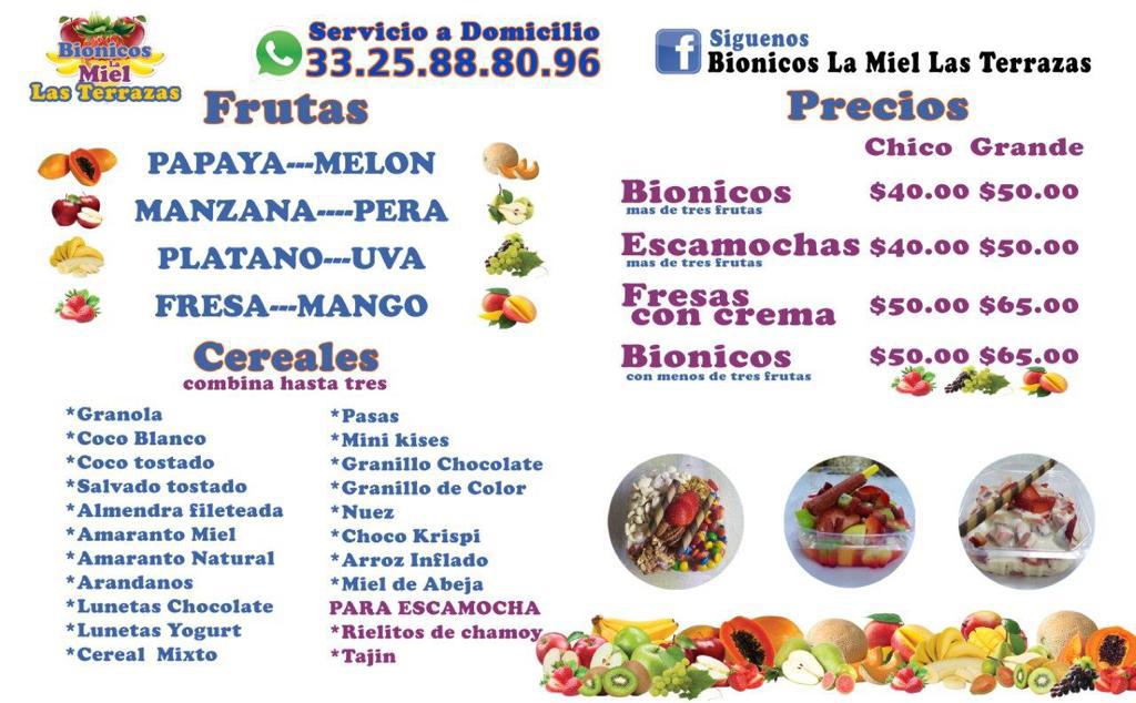 Carta del restaurante Bionicos La Miel Las Terrazas, San Pedro Tlaquepaque