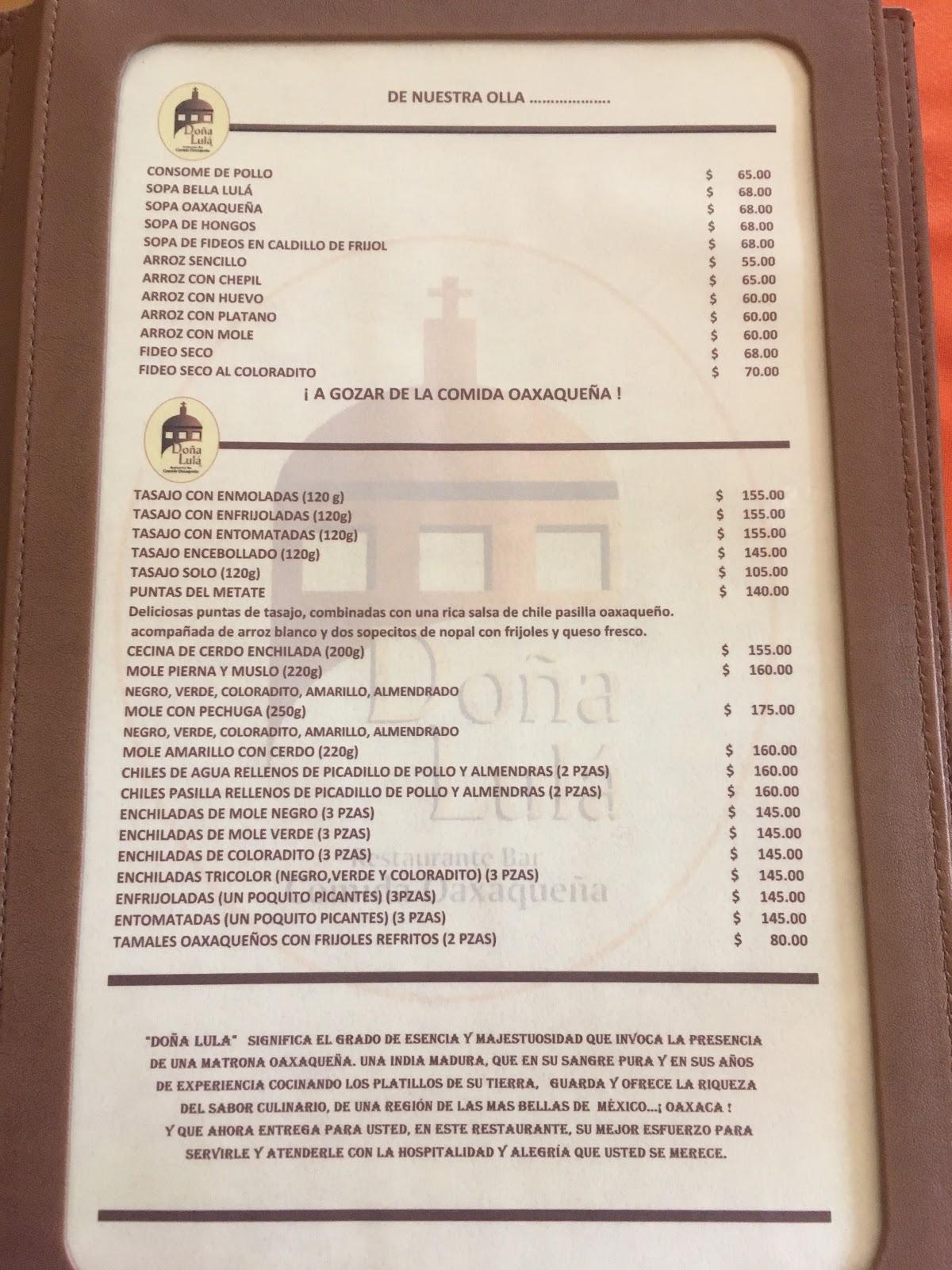 Carta del restaurante Doña Lulá, Ciudad del México, Av. Revolución 1318