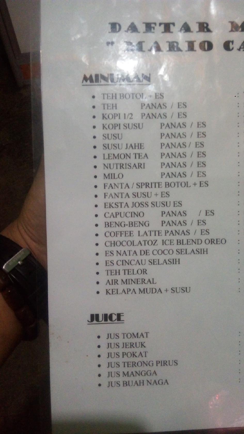 Menu at MARIO CAFE, Padang