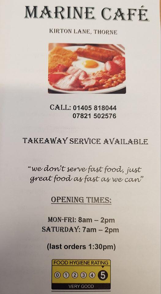 Menu at Marine Cafe, Moorends, Kirton Ln