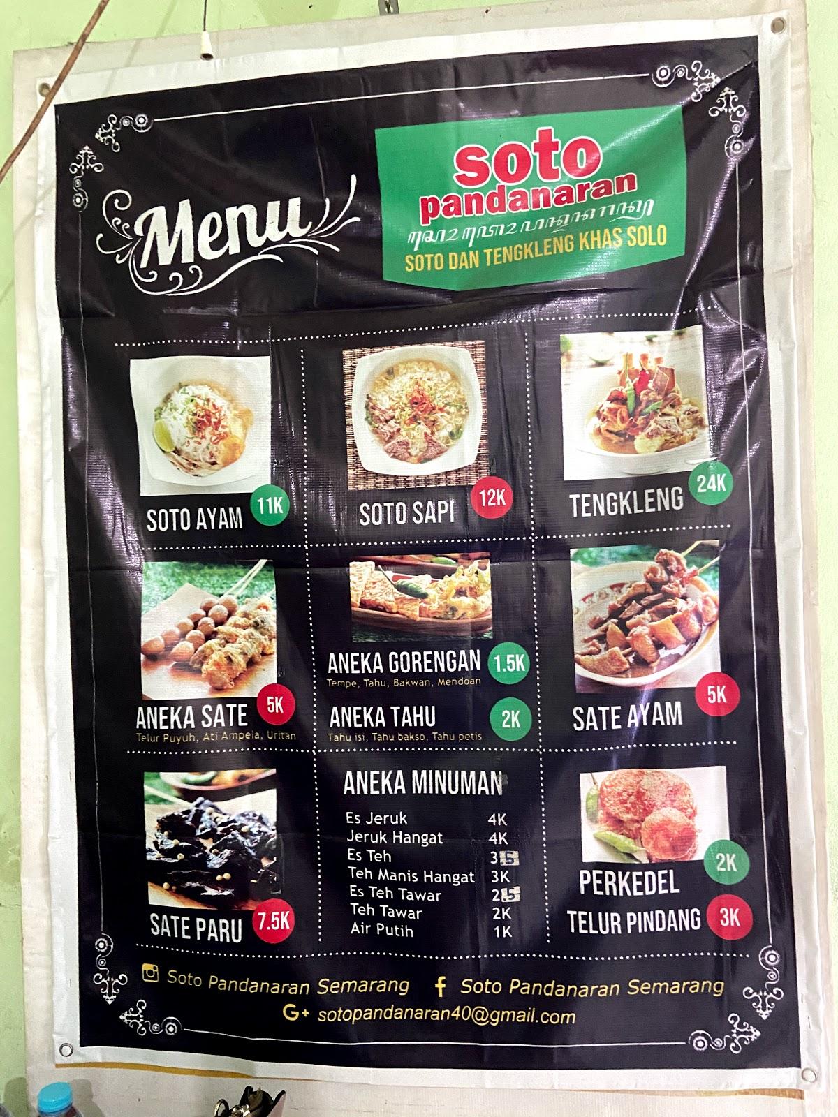 Menu at Soto Pandanaran, Semarang, Ruko Permata