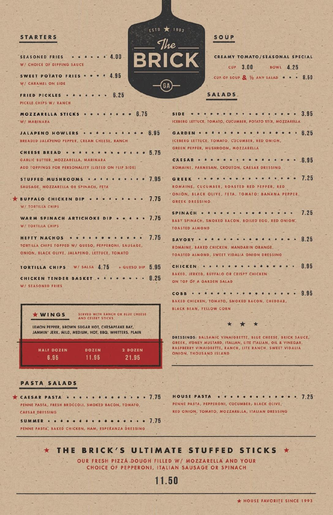 Menu at The Brick pizzeria, Macon