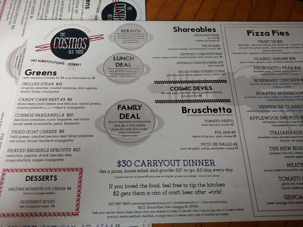 Menu at The Cosmos pizzeria, Lansing