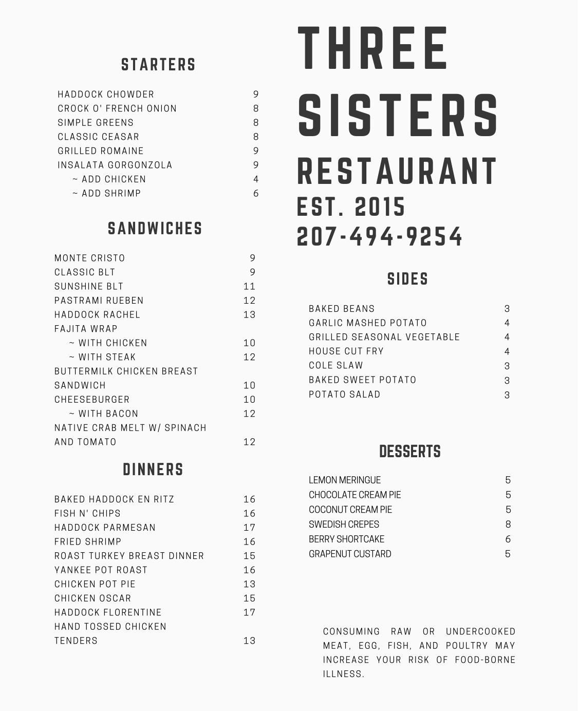 Menu at Three Sisters Family Restaurant, Biddeford