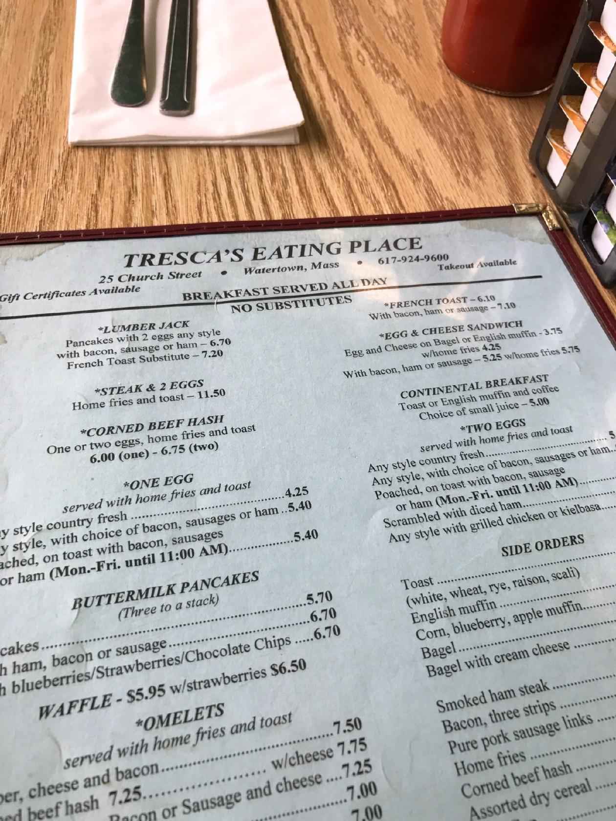 Menu at Tresca's Eating Place restaurant, Watertown