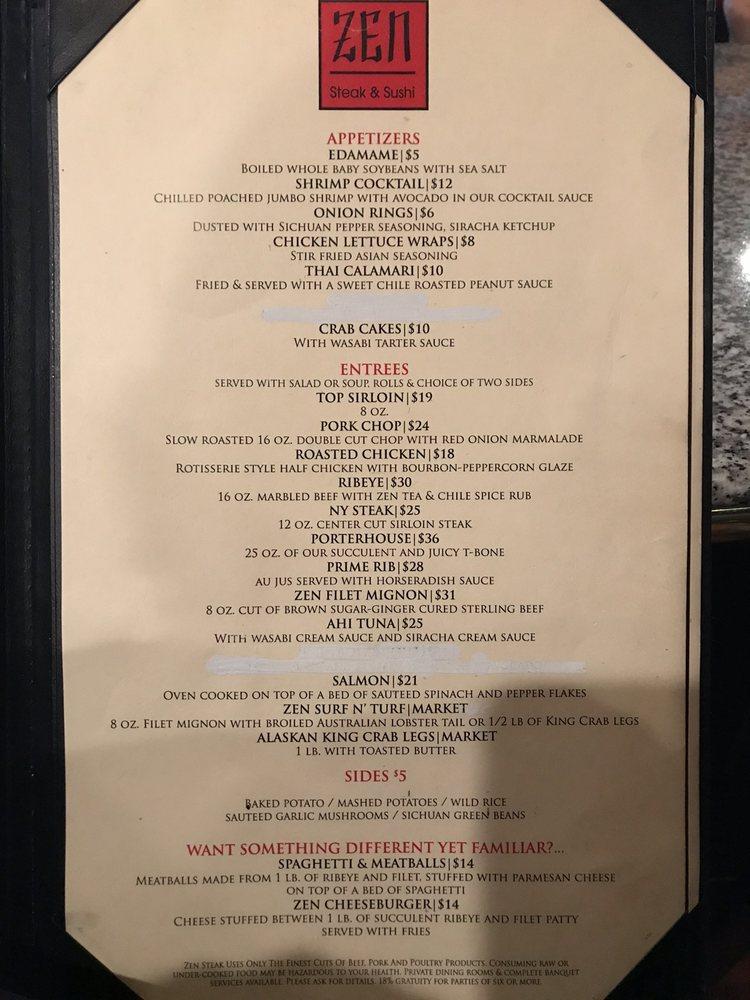 Menu at Zen Steak & Sushi restaurant, Gallup