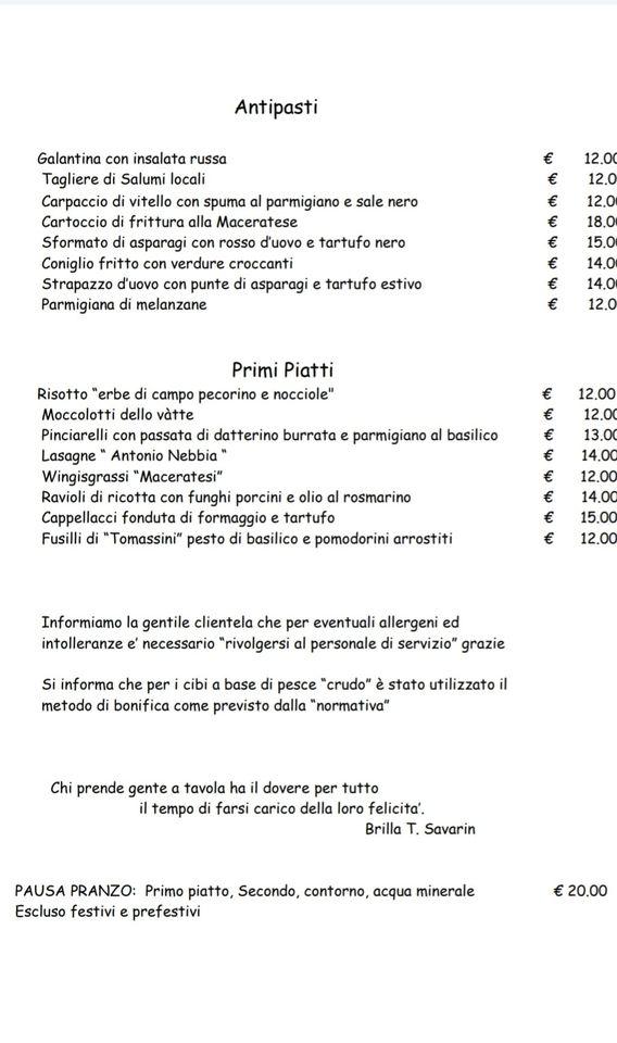 Menu at Da Rosa restaurant, Macerata